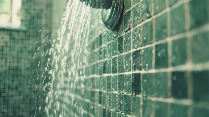 A Shower Head Spraying Water on a Green Tiled Wall, AI Stock Photo ...