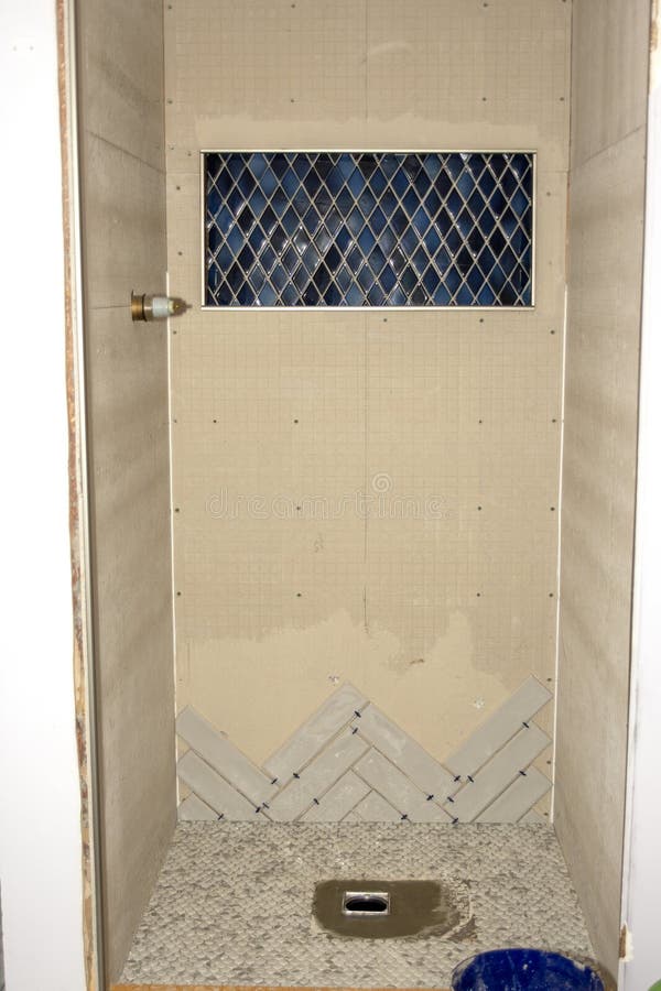 E Bathroom Shower Partially Tiled Stock Image - Image of drywall ...