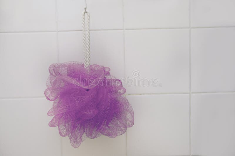 Shower with purple loofah stock image. Image of lifestyle - 147249225