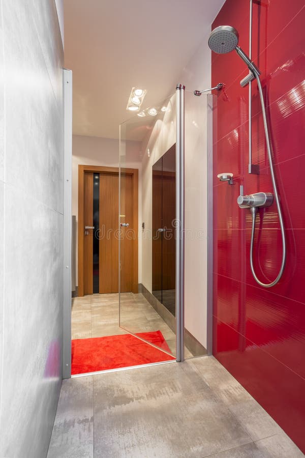 Shower with red wall stock photo. Image of bath, modern - 83223912