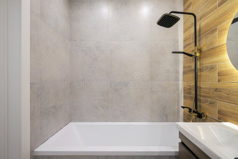 Shower System with Bathtub in the Bathroom Stock Photo - Image of room ...