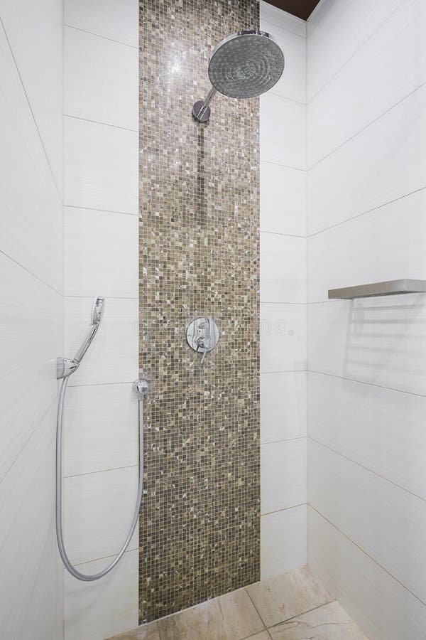 Shower System in the White Shower Room Interior Stock Image - Image of ...