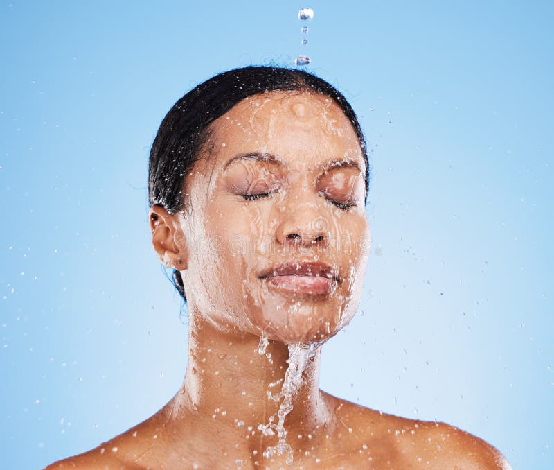 Facial Cleaning Water Splash And Black Woman Skincare Wellness Shower