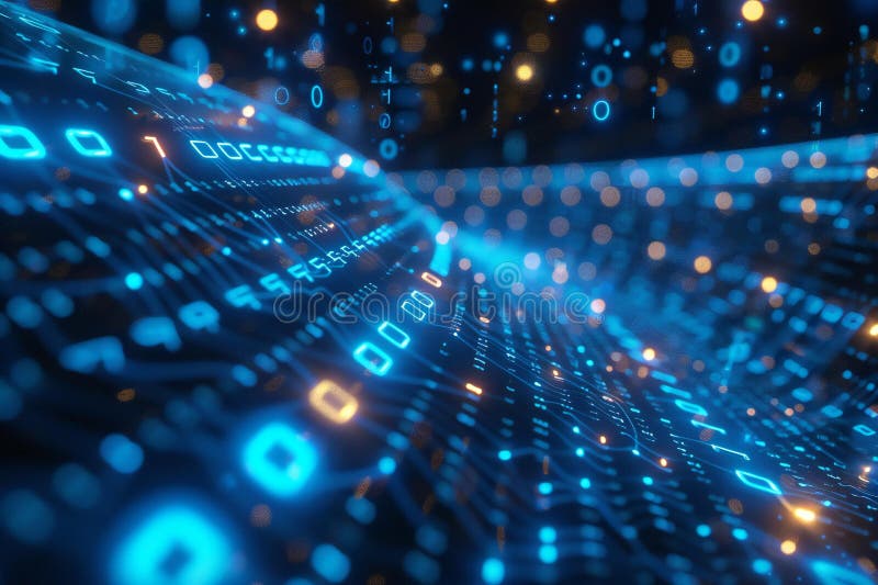 Showing Abstract Blue Digital Background with Binary Code and Circuit Patterns, Symbolizing ...