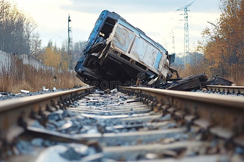 Derailed Train Lying on Railway Tracks after Crash Stock Image - Image ...