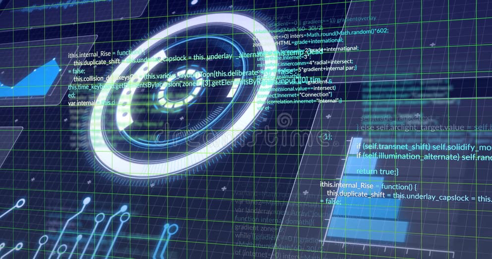 Showing Circular Hologram Rotating in UI, with Neon Grid Lines, Code Snippets and Circuit Traces ...
