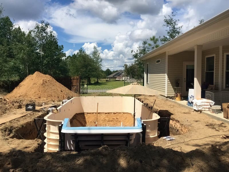 In Ground Residential Swimming Pool Construction. Prefab Walls. Stock ...
