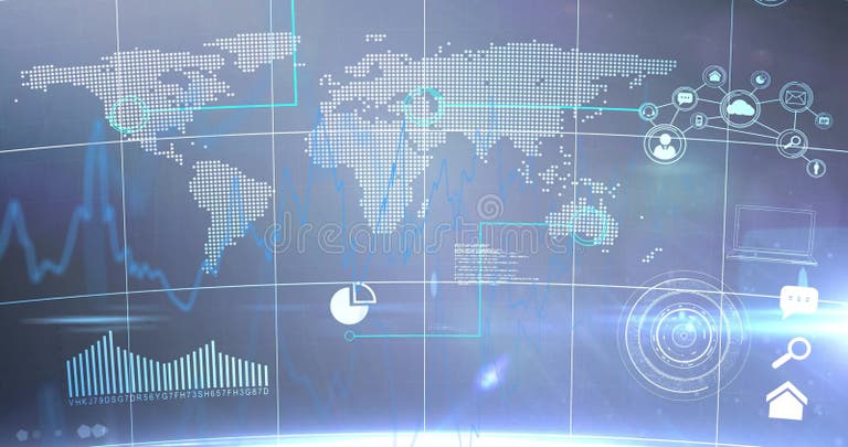 Showing Dashboard Interface with Dotted World Map, Bar, Line and Pie ...