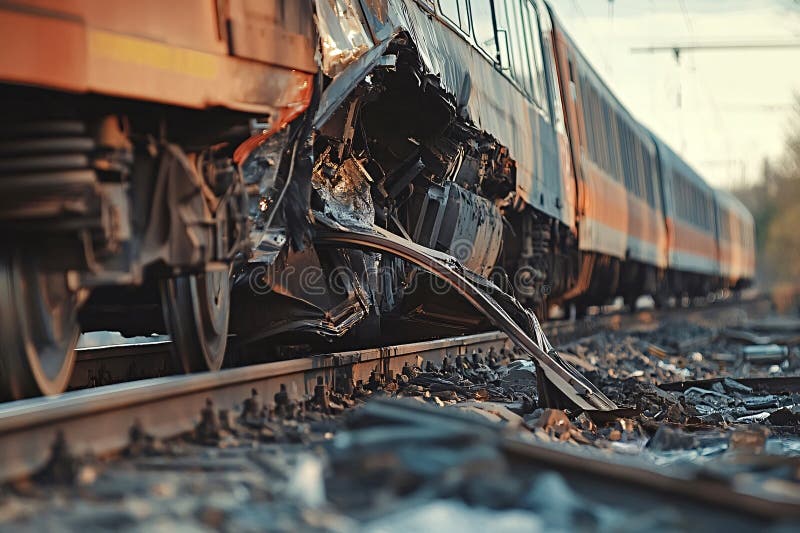 Aftermath of a Collision between a Train and a Car Causing Damage and ...