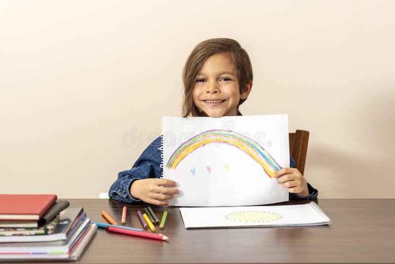 Showing Off His Creative Work. Rainbow Drawing Stock Image - Image of ...