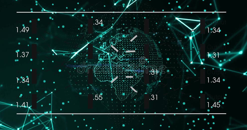 Showing Wireframe Globe Rotating at Network Panel, with Numeric Labels, Arrows and Bars Stock ...