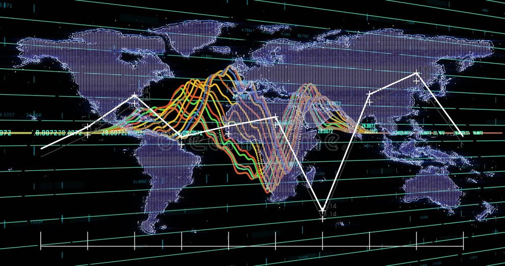 Showing World Map with Colorful Waveforms and Grid Lines on Dark Data ...