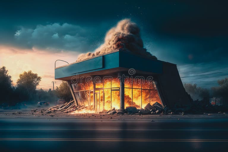 Showroom Building Exploding with Fire and Smoke, Generative AI Stock ...