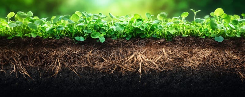 Shows the Detailed Layers of Soil, Roots, and Lush Green Plants in a ...