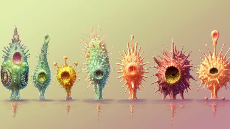 Progression of Viral Forms Showcasing Evolving Complexity and Structure ...
