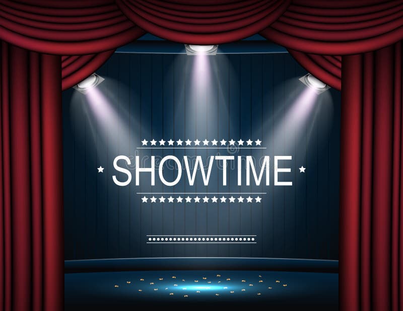 Showtime Banner with Podium and Red Carpet Illuminated by Spotlights ...