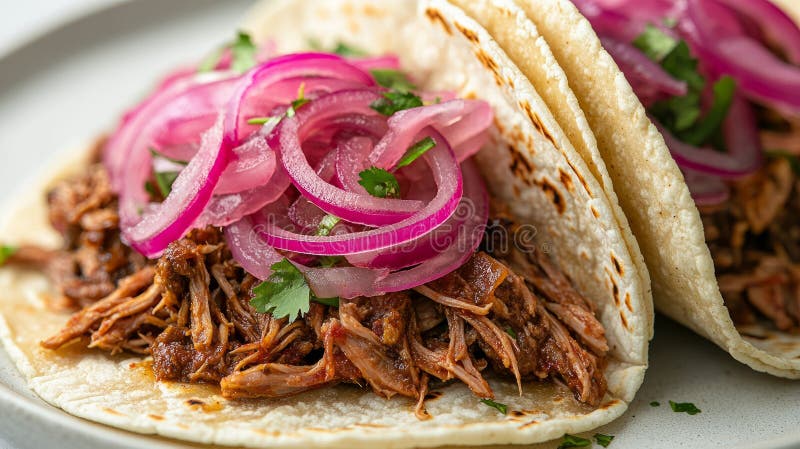 Shredded Beef Tacos with Pickled Onions on a Plate. Stock Image - Image ...