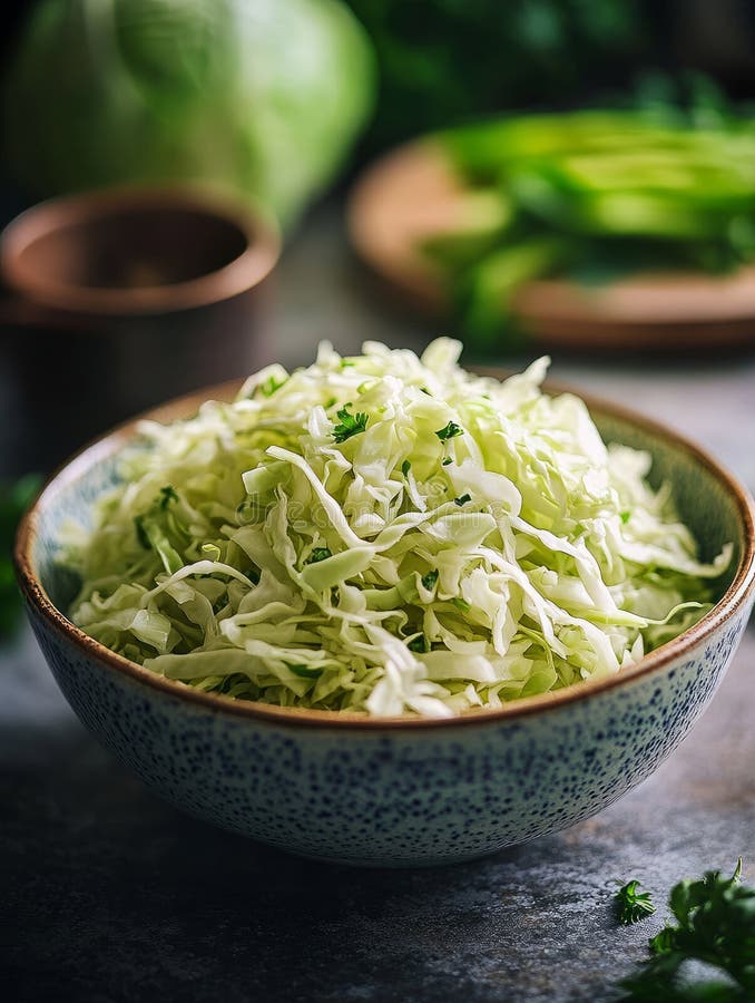 Shredded Cabbage in a Bowl on a Rustic Kitchen Table. Stock Image - Image of texture, food ...