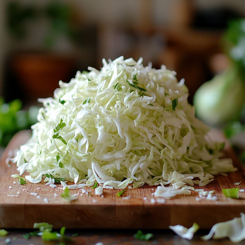 Shredded Cabbage on a Wooden Board in a Kitchen Setting. Stock Photo - Image of board, wholesome ...