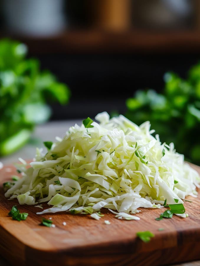 Shredded Cabbage on a Wooden Board in a Kitchen Setting. Stock Photo ...