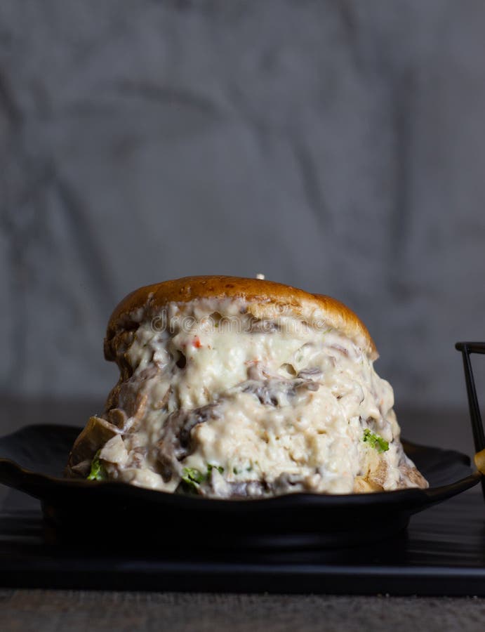 Shredded Chicken Stuffed Burger with Fresh Bread Stock Photo - Image of ...