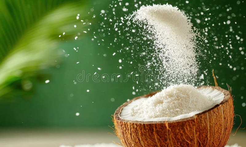 Shredded Coconut Cascading into a Halved Shell Against a Vibrant Green ...