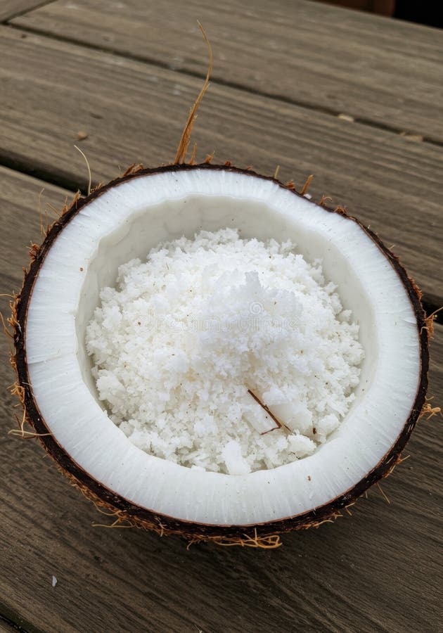 Shredded Coconut in Coconut Shell on Wooden Background Stock ...