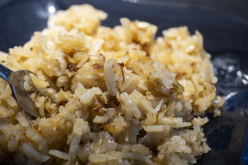 Shredded Hash Browns Plated on Blue Plate. Stock Image - Image of ...
