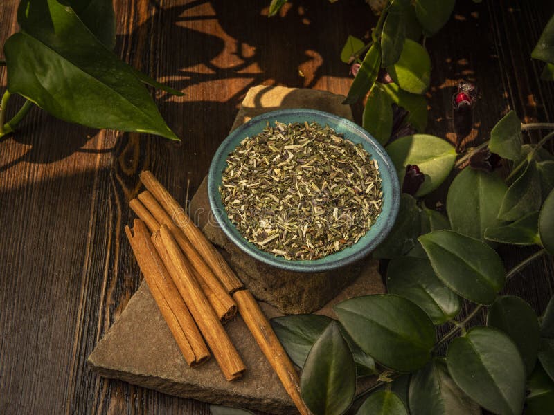 Shredded Herbal Tea. in a Turquoise Small Plate on a Stone. Cinnamon ...