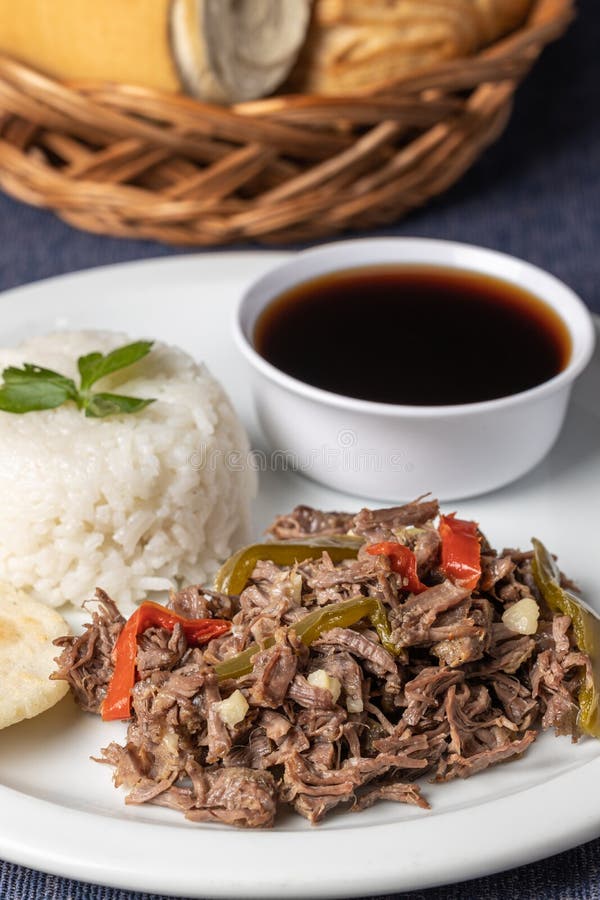 Shredded Meat with Rice and Sauce, Typical Cuban Food Stock Photo ...