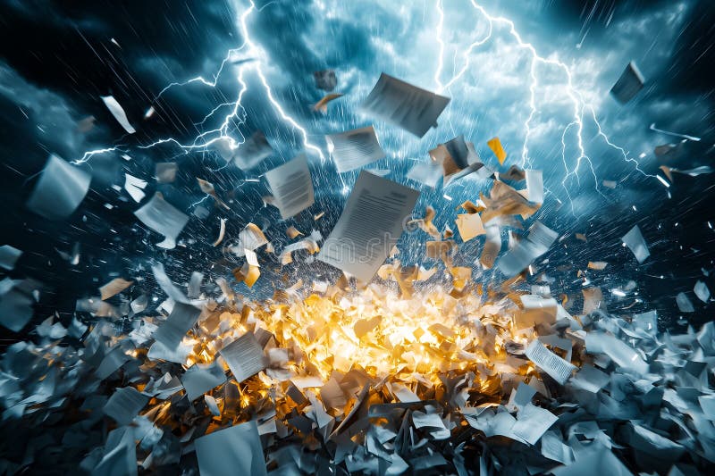 Shredded Paper Documents Erupt in a Vibrant Display, Illuminated by ...