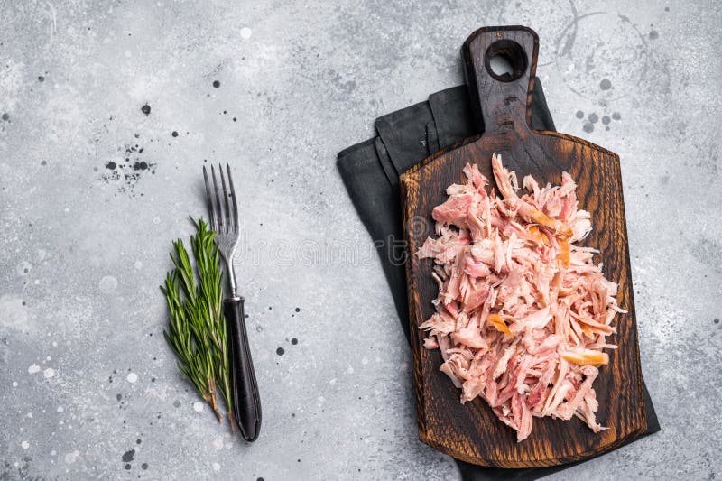 Shredded Pulled Chicken Meat Wooden Board Grey Background Top View ...