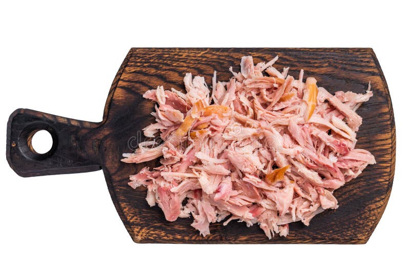 Shredded or Pulled Chicken Meat on Wooden Board Isolated on White ...