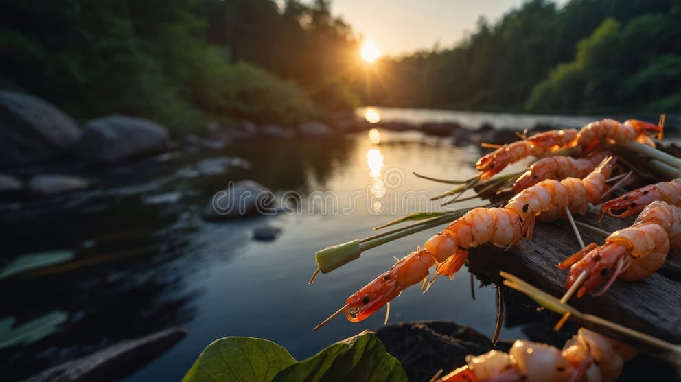 Grilled Shrimp Skewers at Sunset by the River Stock Illustration ...
