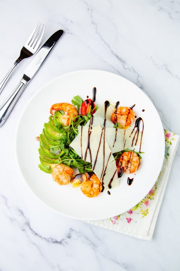 Shrimp with Avocado Slices and Arugula with Teriyaki Sauce Side View ...