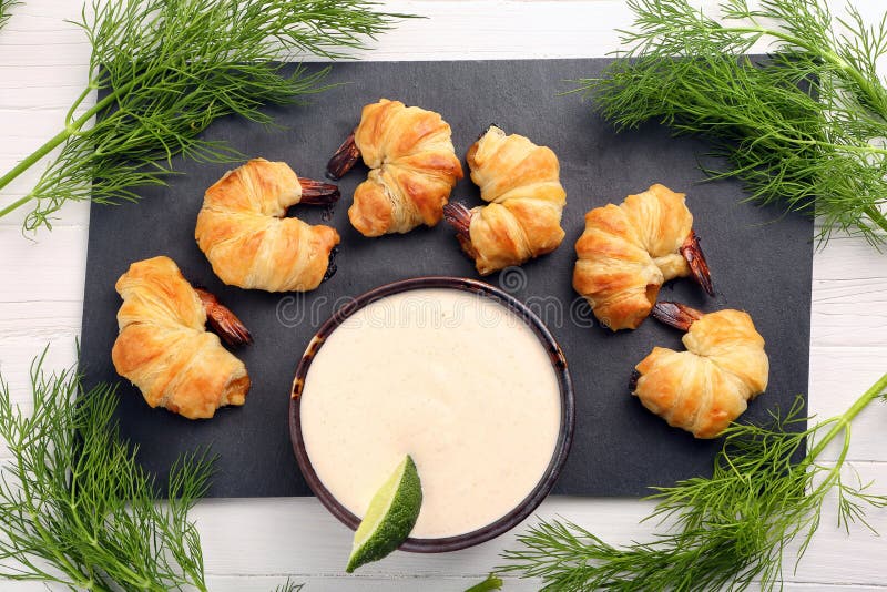 Shrimp Baked in Puff Pastry with Dip Stock Photo - Image of cream ...