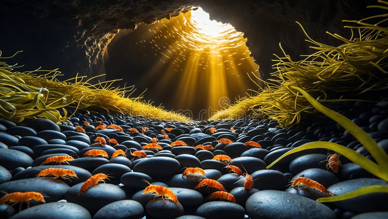 Luminous Underwater Cave: Orange Crustaceans on Smooth Stones Stock ...