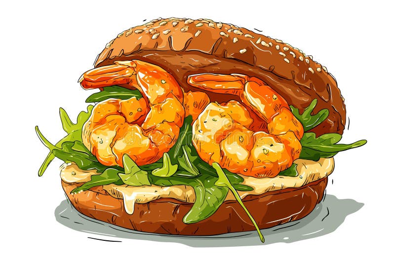 Shrimp Burger Black Bread Pastry Isolated Stock Vector - Illustration ...