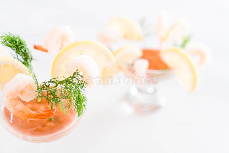 Shrimp cocktail with sauce stock photo. Image of glass - 121381936