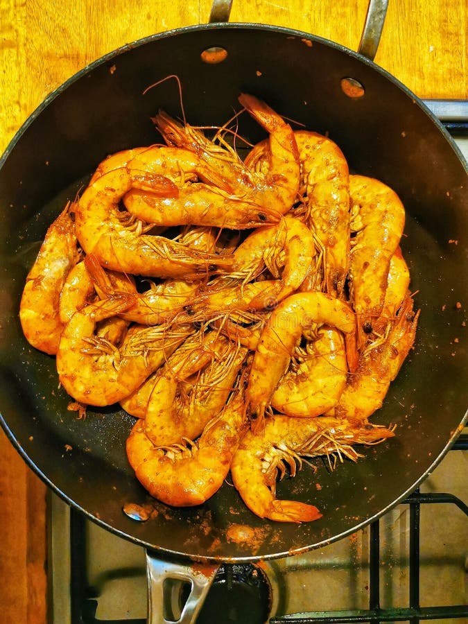 Shrimp Cooked in a Frying Pan on a Rustic Kitchen Editorial Stock Photo ...