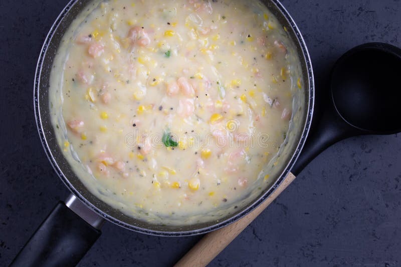 Shrimp and Corn Chowder - Top View of Fish and Corn Soup with Space for ...