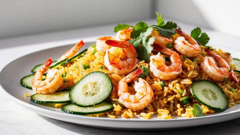 Shrimp Fried Rice with Cucumber and Cilantro. Stock Image - Image of ...
