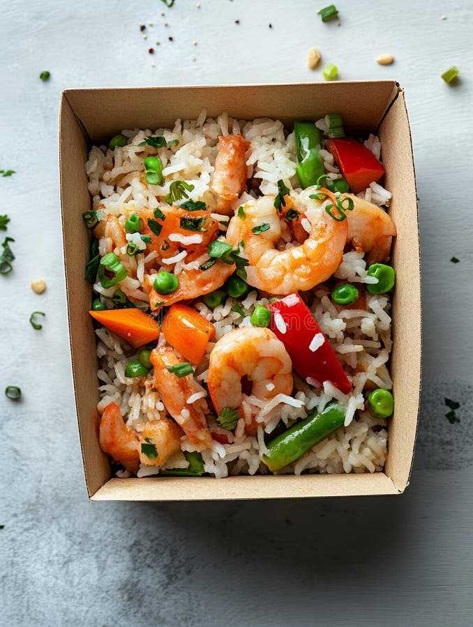 Shrimp Fried Rice with Vegetables in a Takeout Box. Stock Photo - Image ...