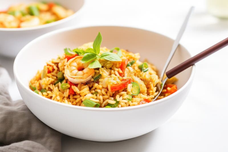 Shrimp Fried Rice in a White Bowl with Spoon Stock Image - Image of ...
