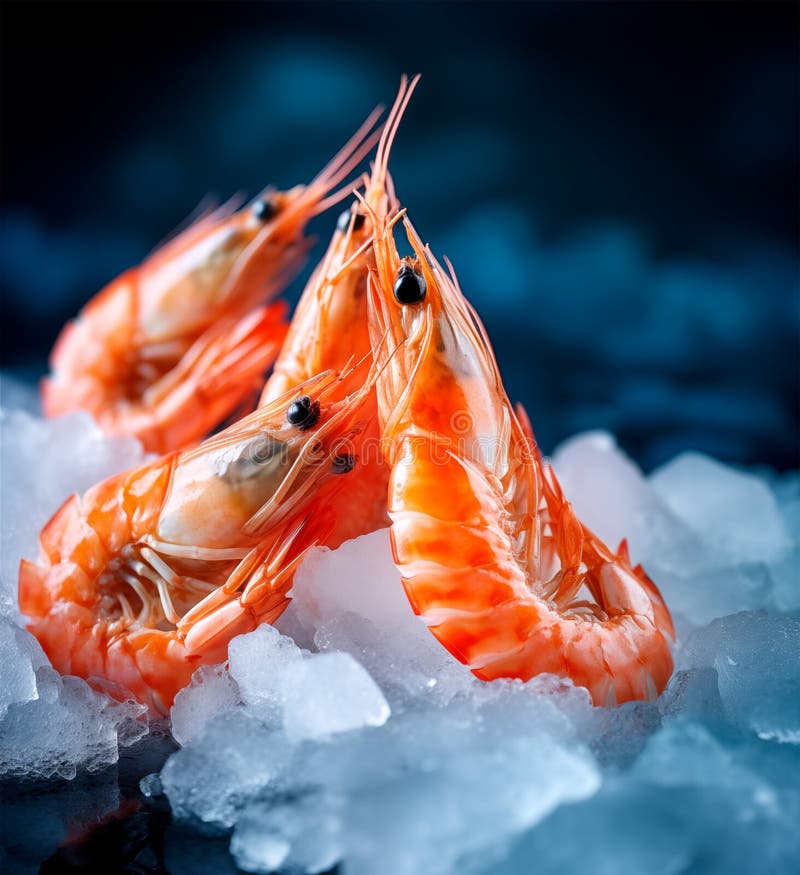 Shrimp on Ice on Black Background. Copy Space Stock Photo - Image of ...