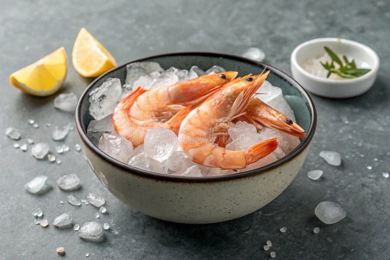 Shrimp with Ice in a Bowl. on a Stone Background Stock Photo - Image of ...
