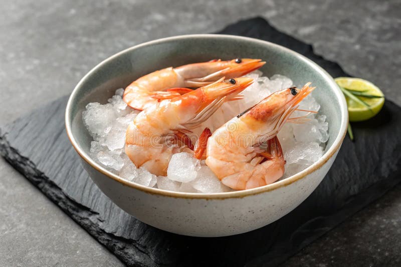 Shrimp with Ice in a Bowl. on a Stone Background Stock Photo - Image of ...