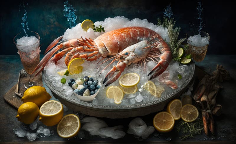 Shrimp on Ice with Lemon Slices and Lemons. Generative AI Stock ...
