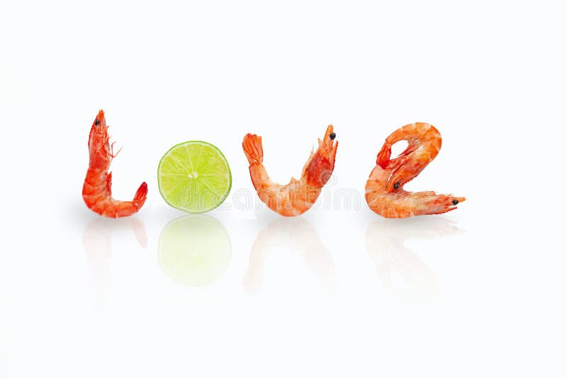 Shrimp with Lime in the Word Love. View from Above . Stock Photo ...