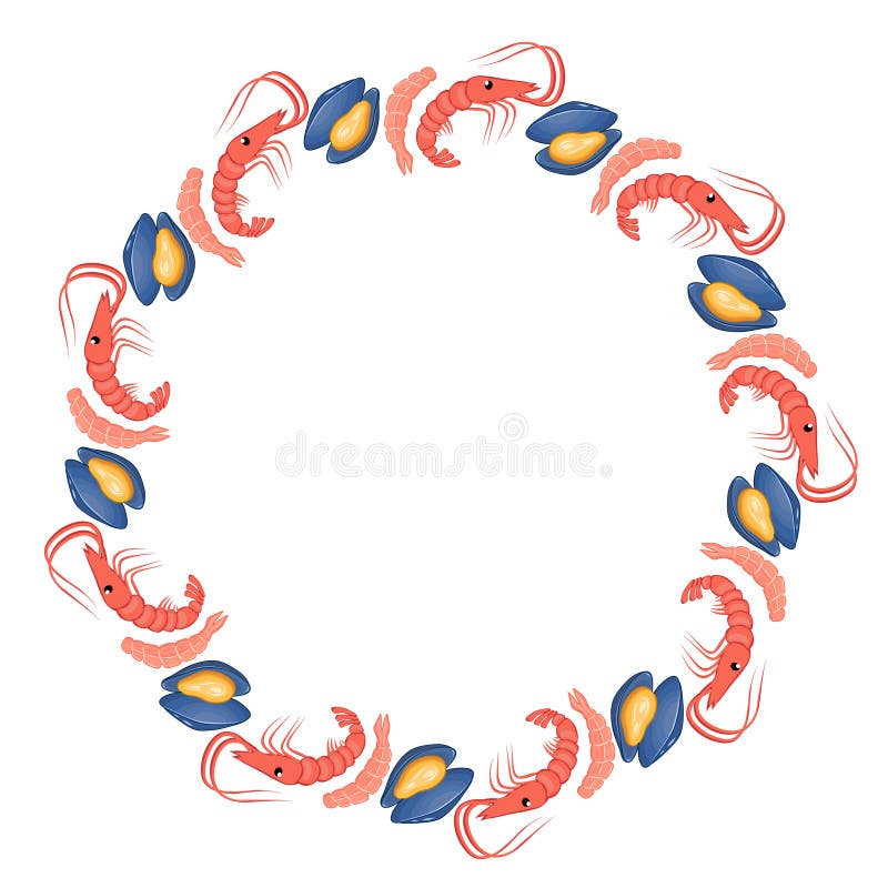 Shrimp and Mussel Seafood Art Drawn Round Frame Stock Vector ...